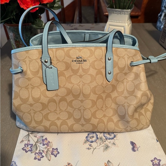 Coach | Bags | Coach Signature Drawstring Carryall In Tanbaby Blue ...